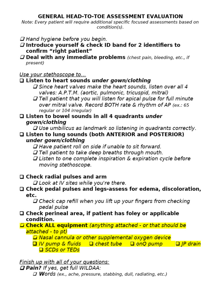 Head-To-Toe Assessment Tool | PDF | Heart | Pulse