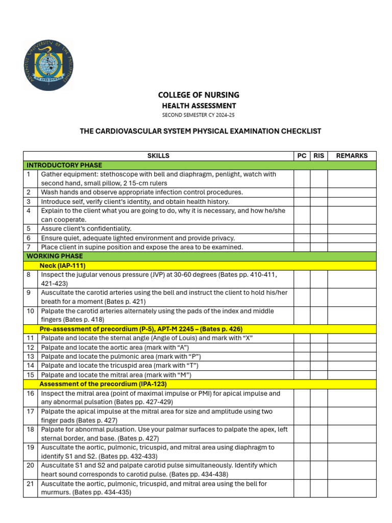 HA Cardiovascular Assessment Checklist 2025 BATES' | PDF | Pulse ...