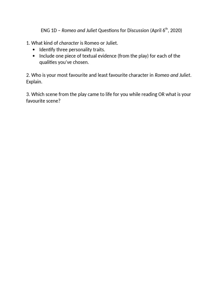1 - EnG 1D - "Romeo and Juliet" Questions For Discussion | PDF