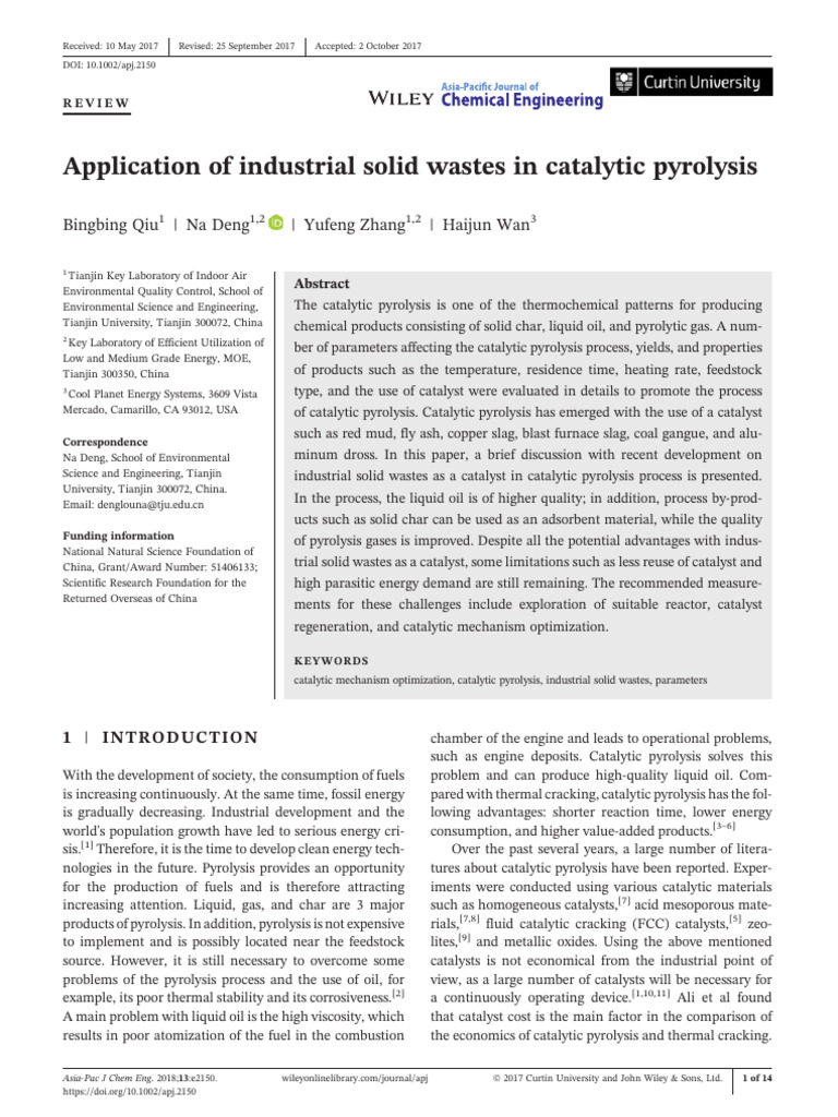 Application of Industrial Solid Wastes in Catalytic Pyrolysis | PDF ...