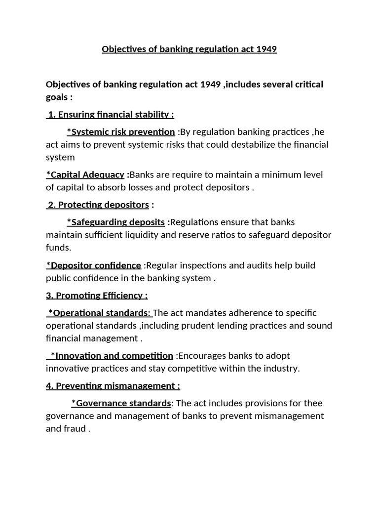 Objectives of Banking Regulation Act 1949 | PDF