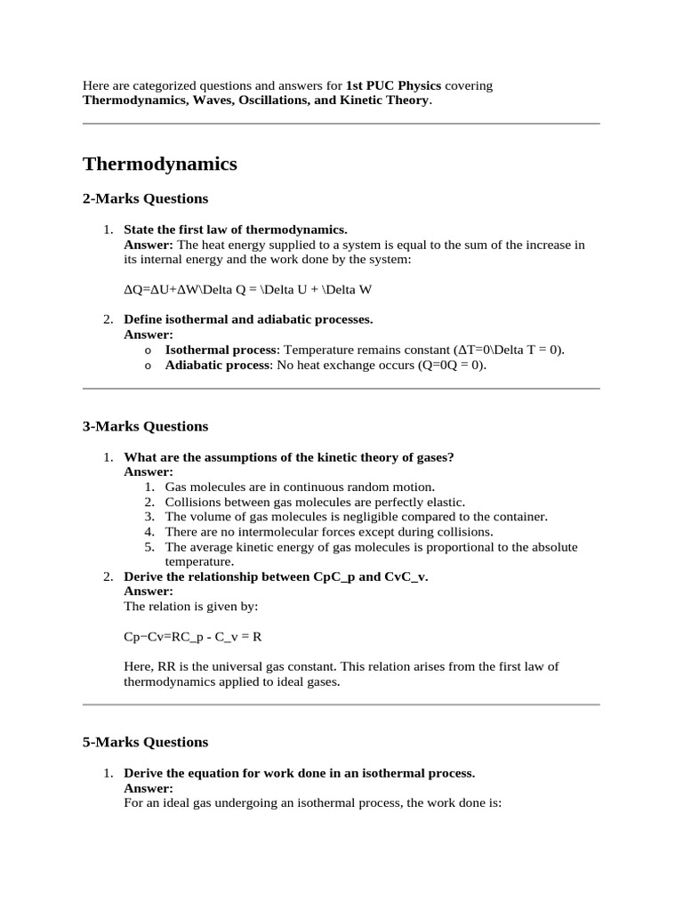 Here Are Categorized Questions and Answers For 1st PUC Physics Covering Thermodynamics | PDF ...