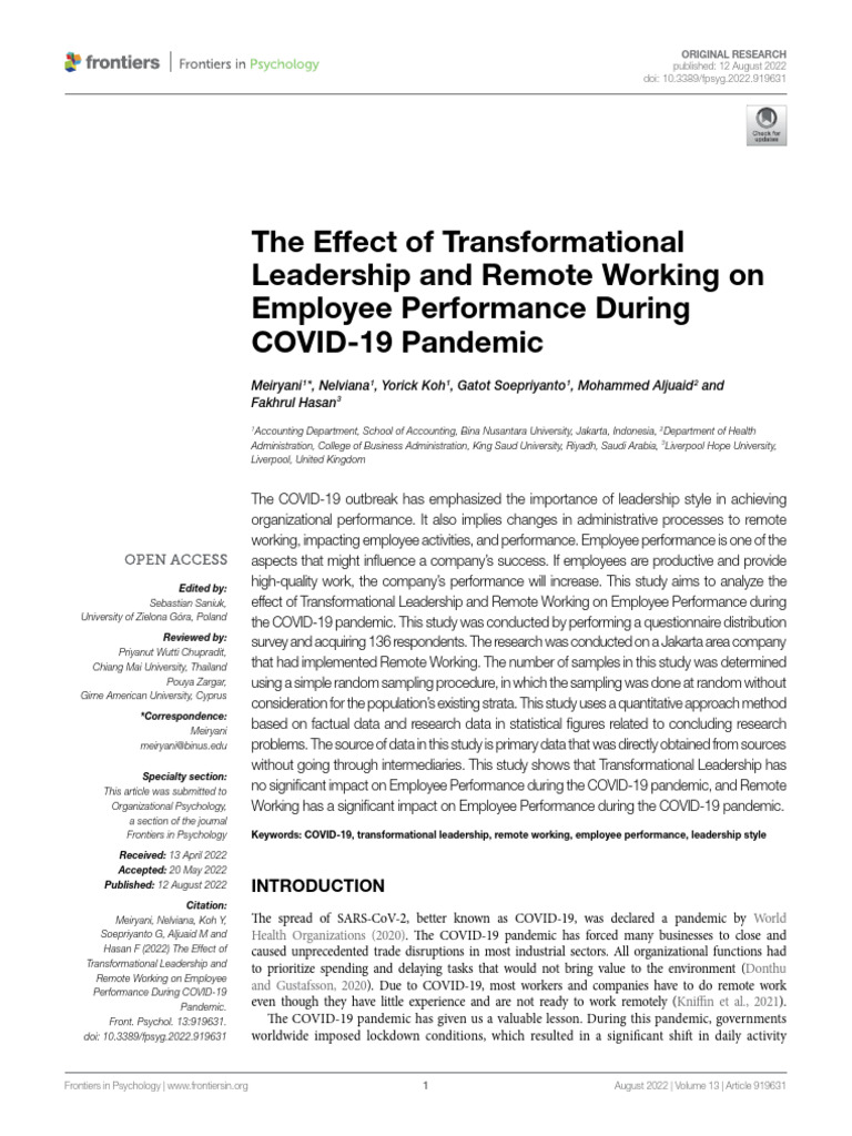 The Effect of Transformational Leadership and Remote Working On ...