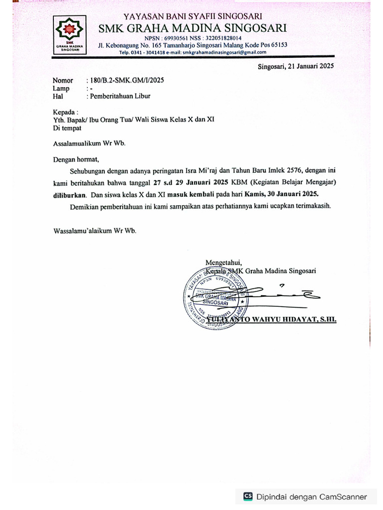 Surat Pemberitahuan Libur | PDF