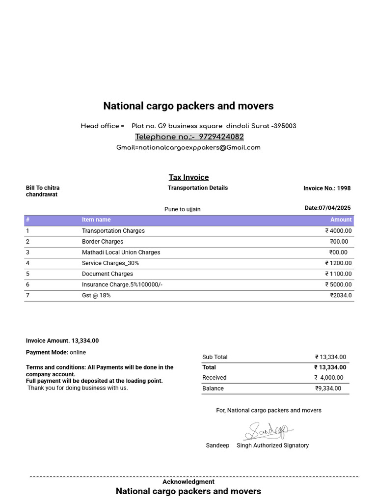 National Cargo Invoice #1998 Details | PDF | Invoice | Transport