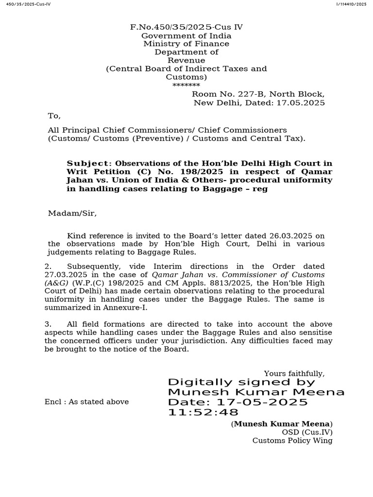 Board's Letter Dated 17.05.2025 | PDF | Customs | Justice