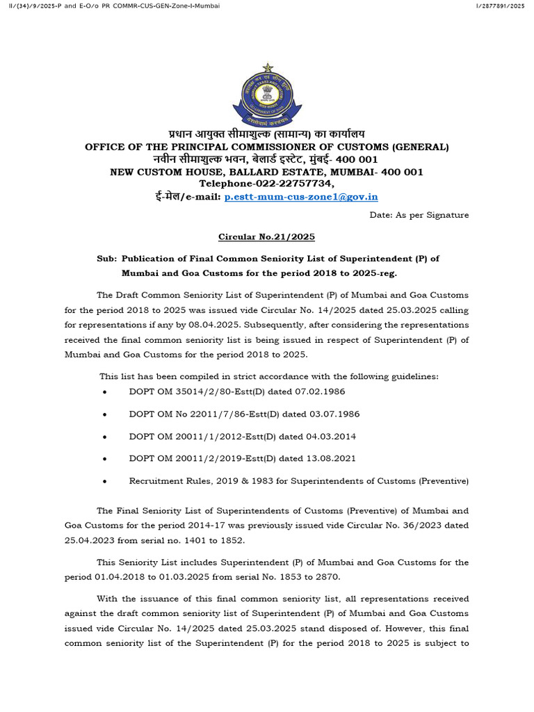Seniority List Circular 21-2025 Dated 28.04.2025 Final Seniority Supdt ...