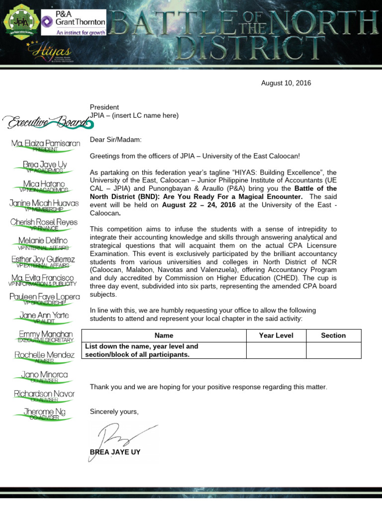 BND 2016 - Excuse Letter | PDF