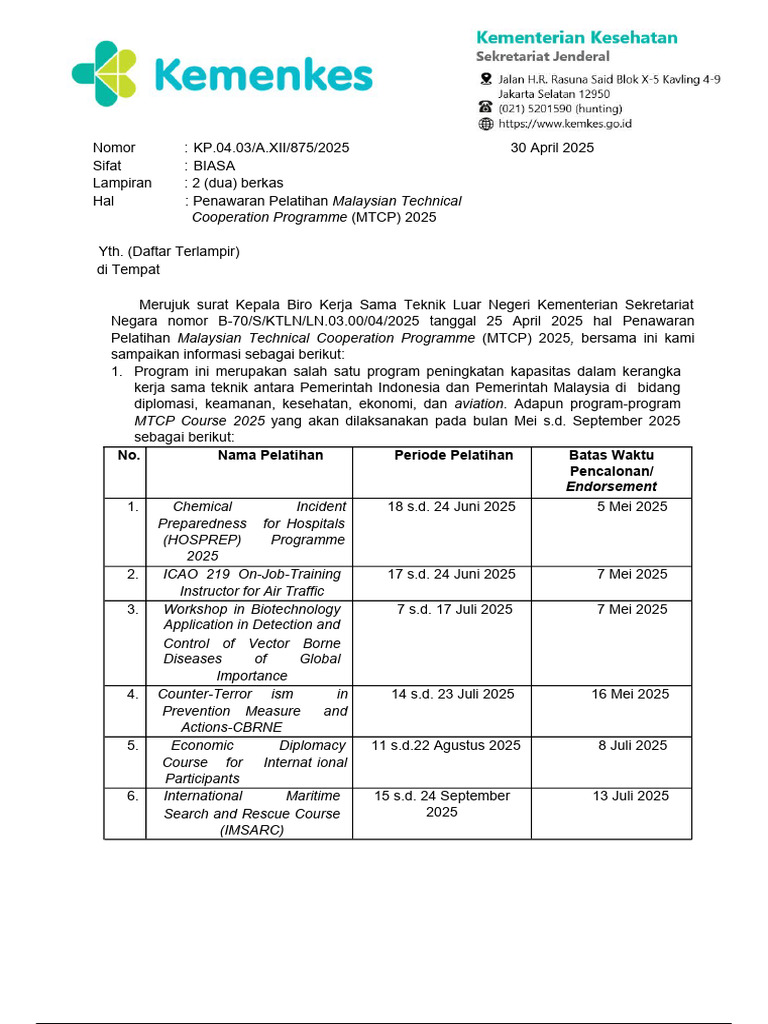 Penawaran Pelatihan Malaysian Technical Cooperation Programme (MTCP) 2025 | PDF