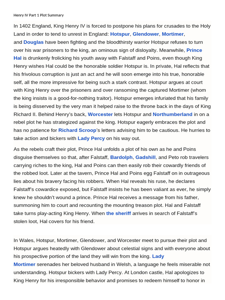 Henry IV Part 1 Plot Summary | PDF | Henry Iv, Part 1