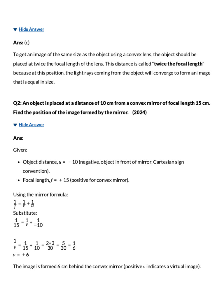 Class 10 Science Chapter 9 Previous Year Questions - Ray Optics - Light ...