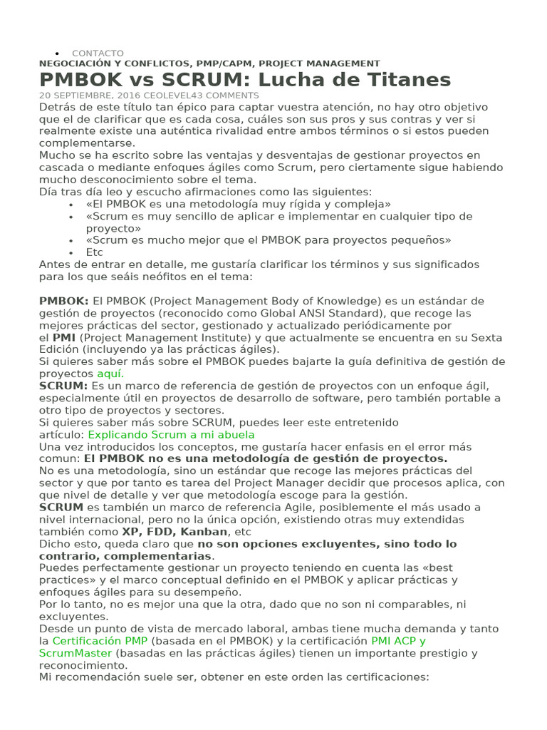 PMBOK Vs SCRUM Lucha de Titanes CONTACTO (AutoRecovered) | PDF ...