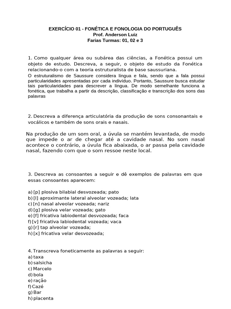 EXERCÍCIO 01 - FONÉTICA E FONOLOGIA DO PORTUGUÊS | PDF