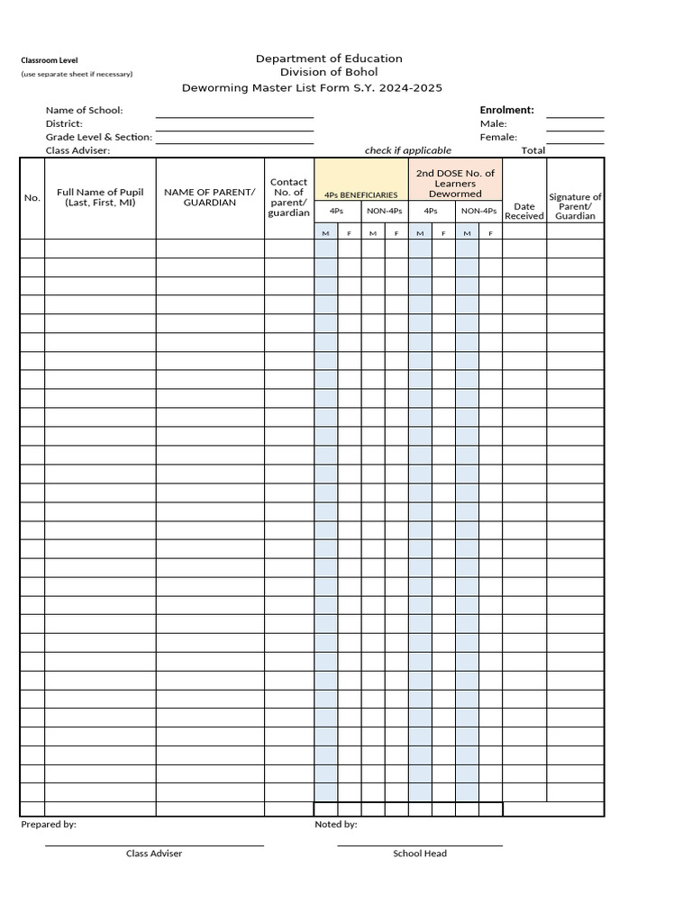 School Deworming Forms SY 2024 2025 Round 2 FATIMA ES | PDF | Learning