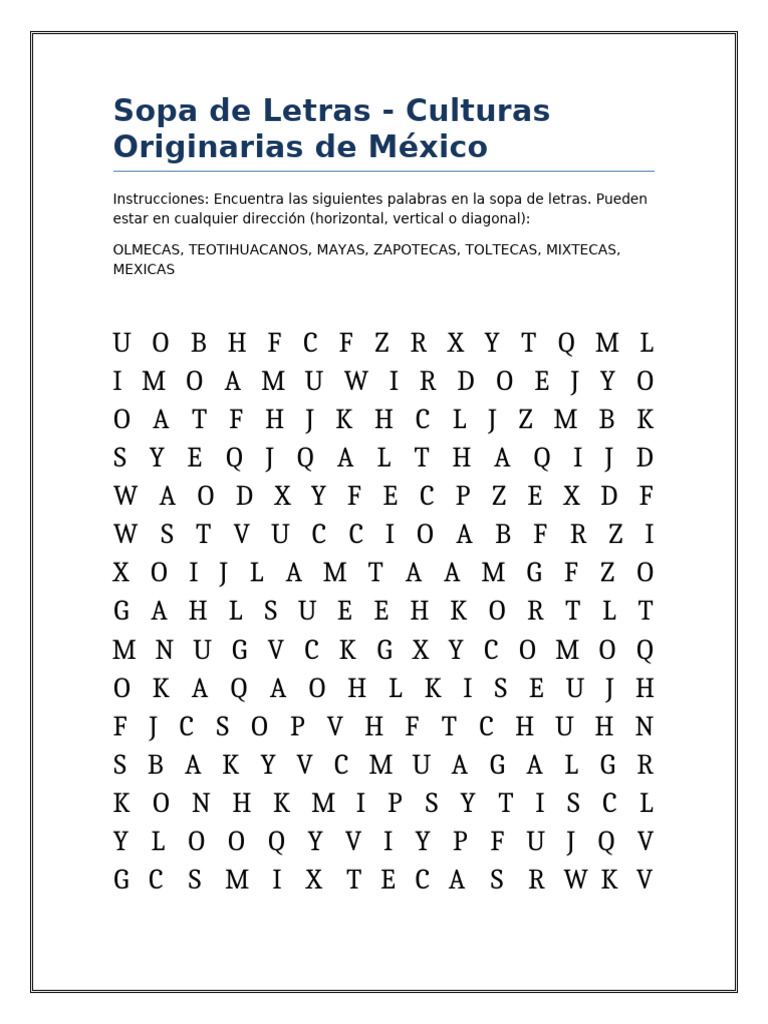 Sopa de Letras: Culturas Prehispánicas | PDF