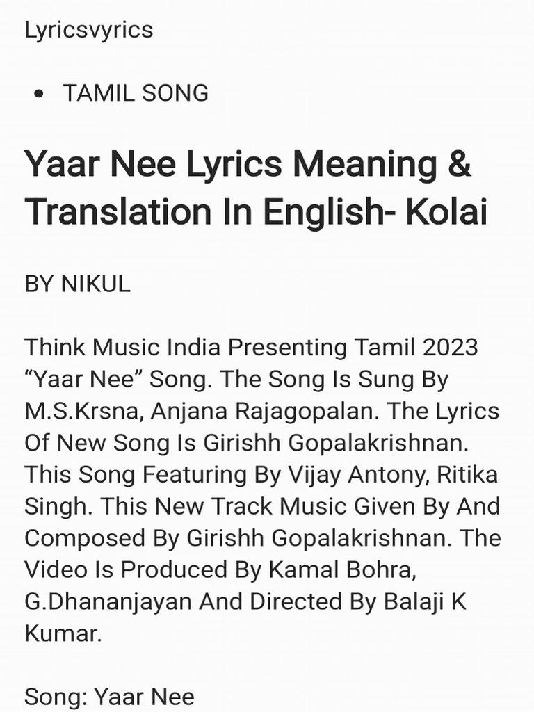 Yaar Nee Lyrics | PDF