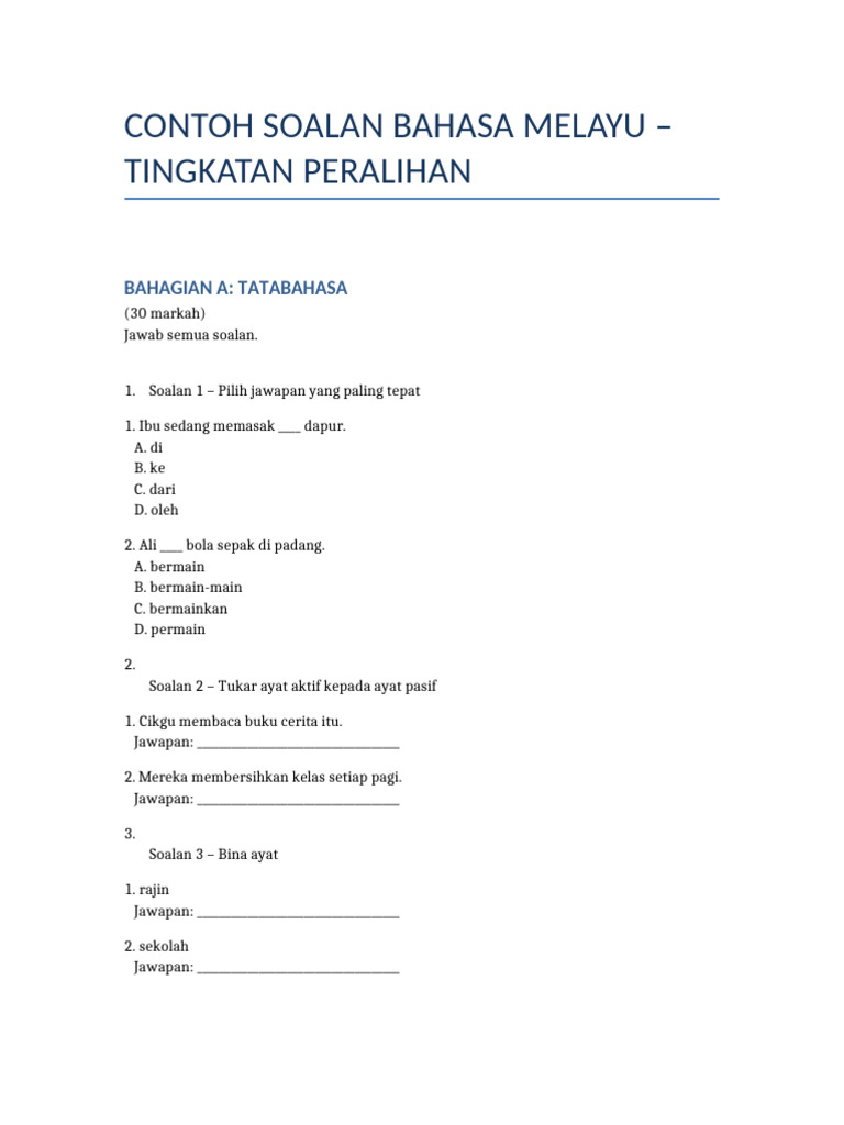 Contoh Soalan BM Tingkatan Peralihan | PDF