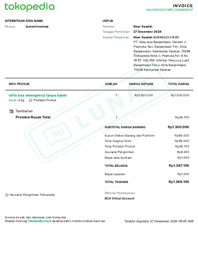 Invoice Pembelian Genset 27 Des 2024 | PDF