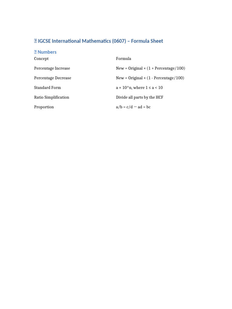 IGCSE Math Formula Sheet | PDF