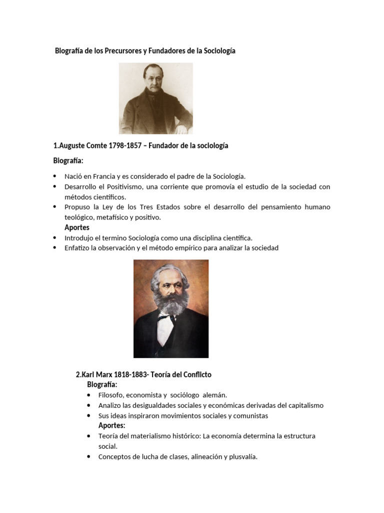 Biografía de Los Precursores y Fundadores de La Sociología | PDF ...