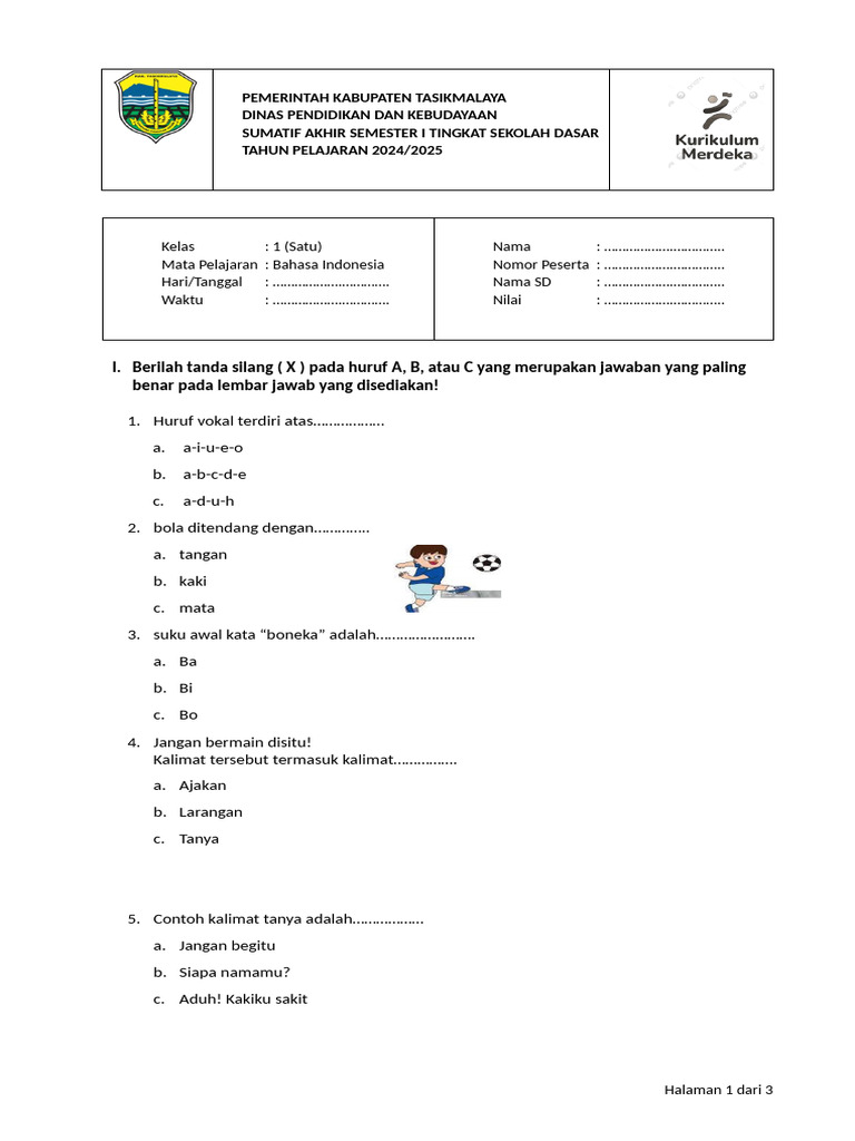 soal pas kelas 1 adifa | PDF