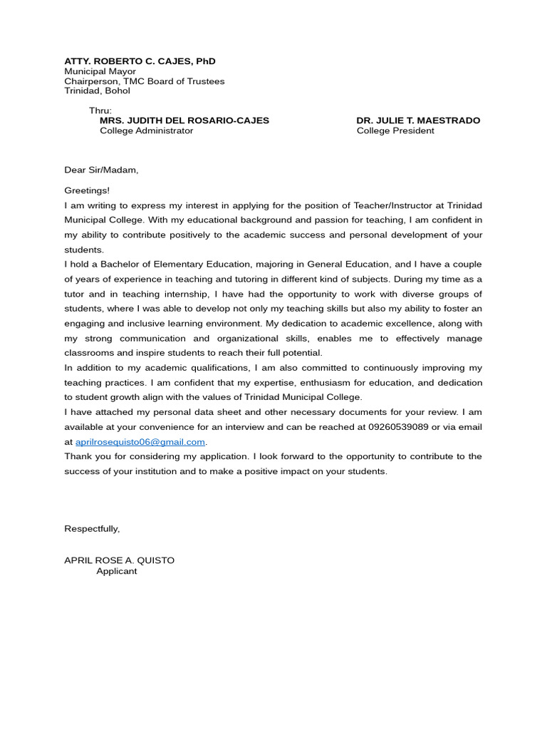 Teacher Application for Trinidad College | PDF