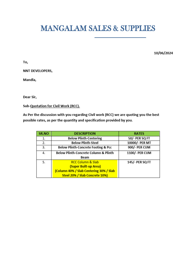 RCC Civil Work Quotation | PDF