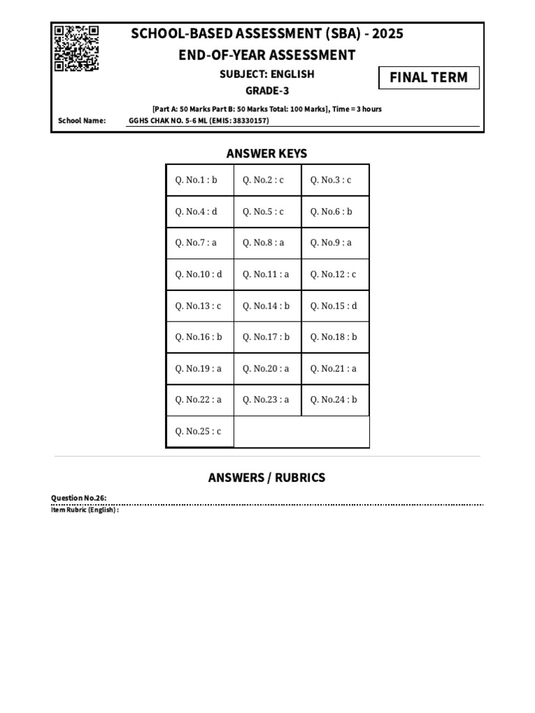 3 Eng, Paper Key - END OF YEAR SBA-2025 | PDF | English Language | Syntax