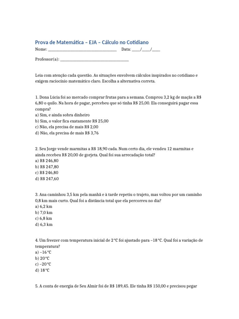 Prova EJA Calculo Cotidiano | PDF