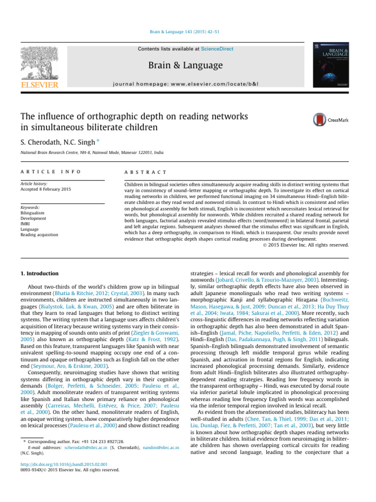 The Influence of Orthographic Depth On Reading Networks in Simultaneous ...