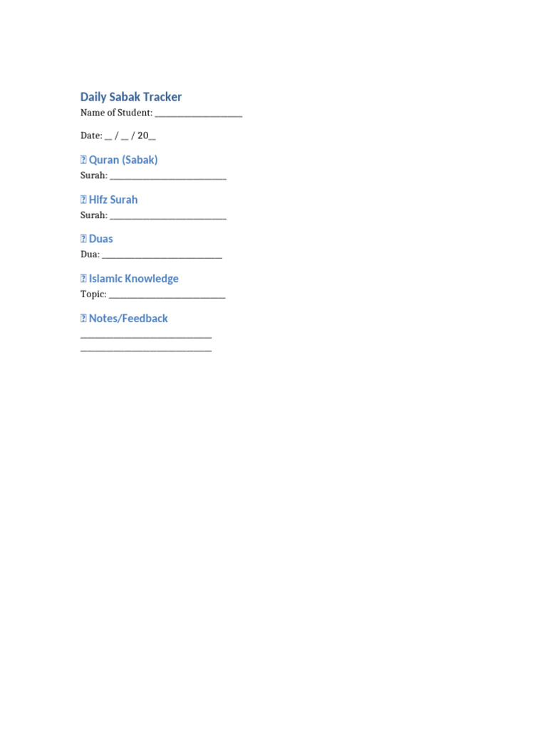 Daily Sabak Template Huzaifa Updated | PDF