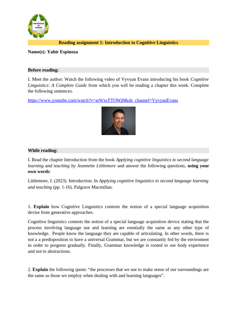 Espinoza, Yahir Assignment-1 Cognitive Linguistics | PDF | Semantics | Concept
