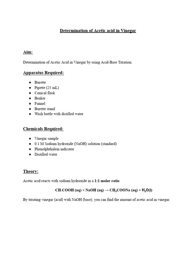 Experiment - Determination of Acetic Acid in Vinegar by Titration | PDF