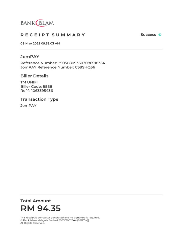 JomPAY Receipt Summary - TM UNIFI | PDF