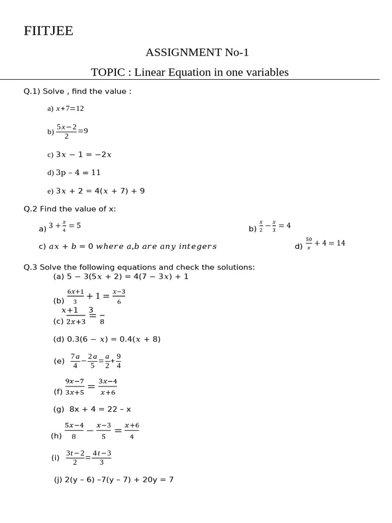 Assignment Linear Eqn Class 8 | PDF