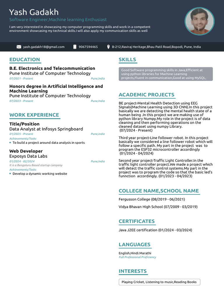 Yash Gadakh E2K21104135 Resume | PDF | Computing | Computer Science