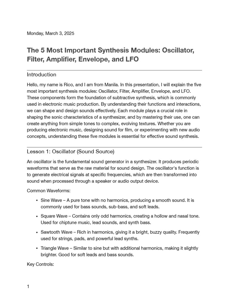 The 5 Most Important Synthesis Modules - Oscillator, Filter, Amplifier, Envelope, and LFO | PDF ...