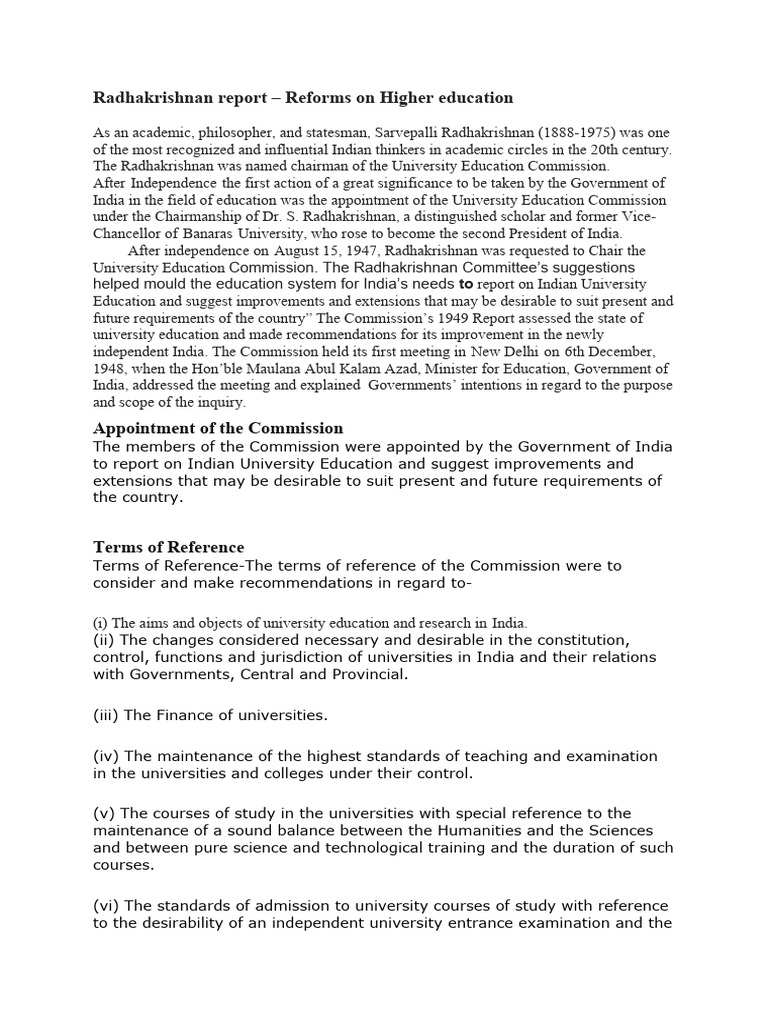 Radhakrishnan Report - Reforms On Higher Education | PDF | Knowledge ...