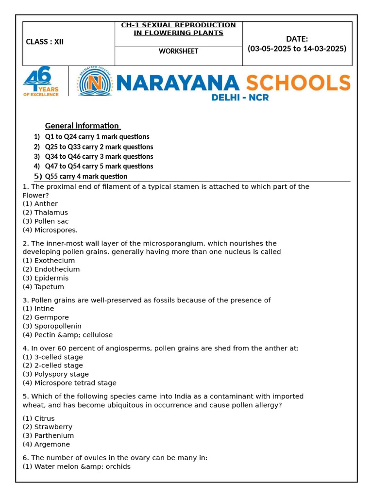 Worksheet on Angiosperm Reproduction | PDF | Pollen | Flowers