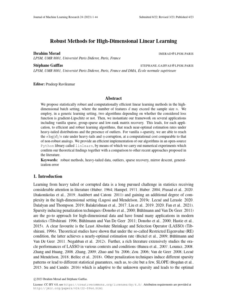 Robust Methods For High-Dimensional Linear Learning: Ibrahim Merad | PDF | Estimator ...