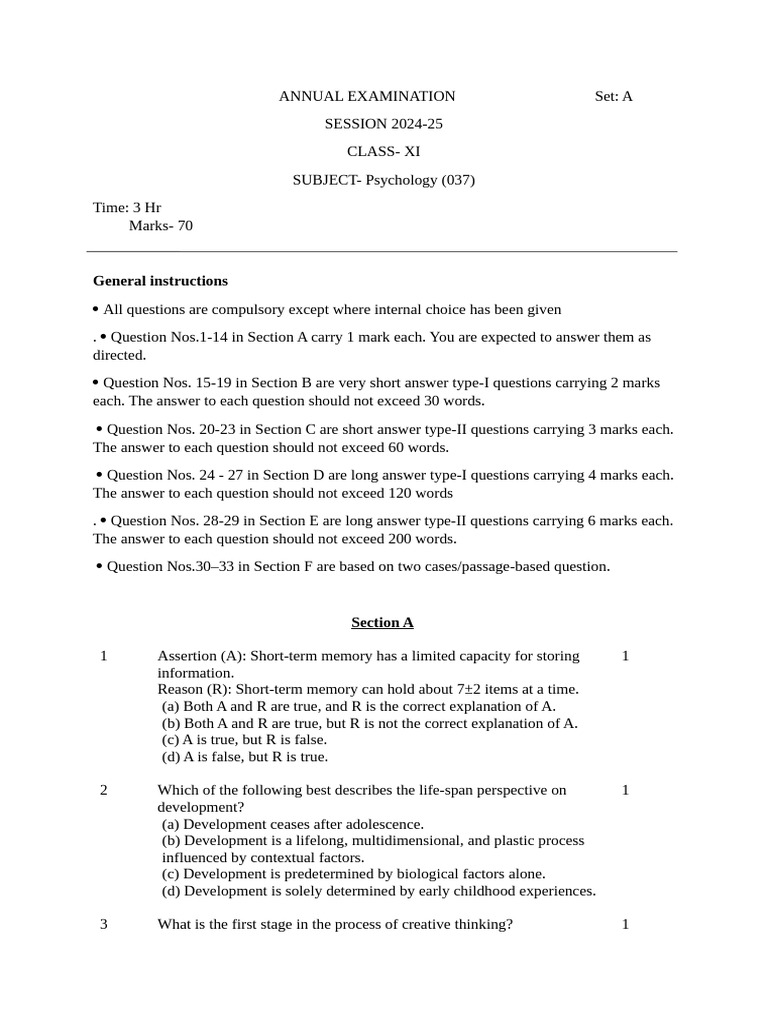 Psychology - Term2 - Set A - 2025 | PDF | Motivational | Motivation