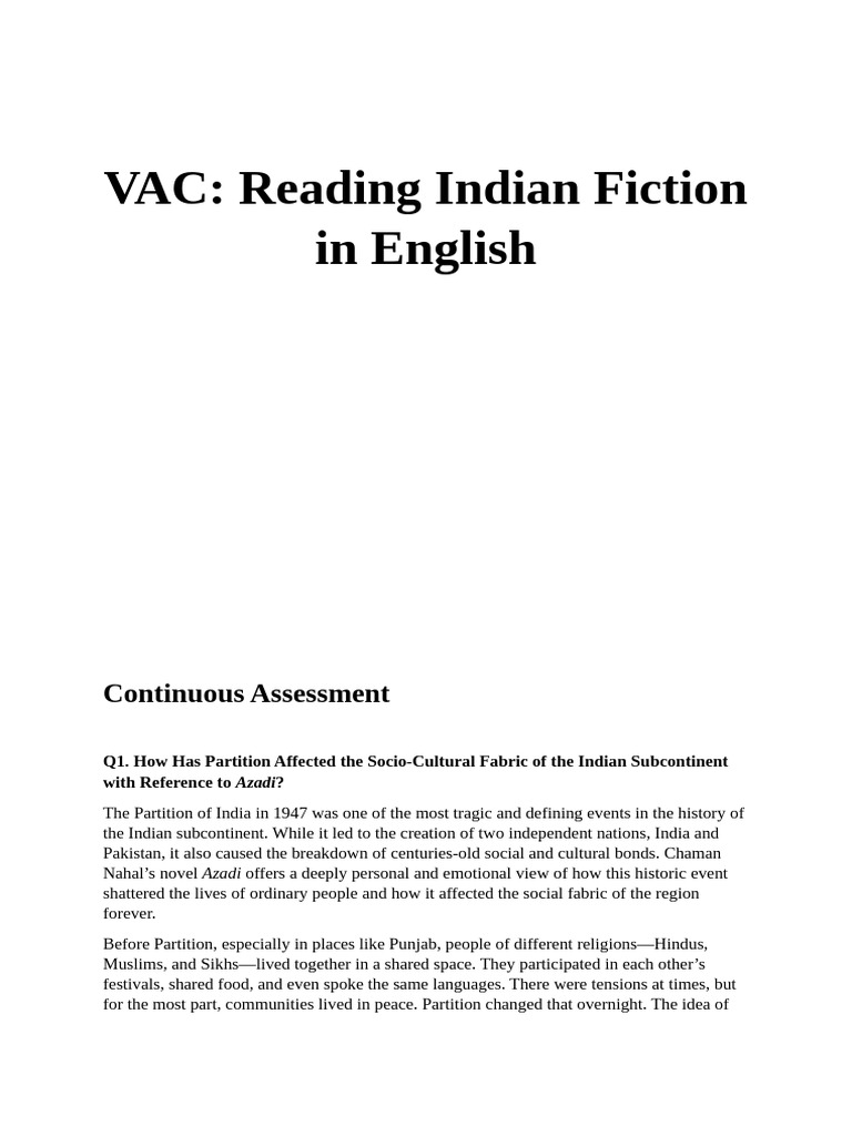 VAC Assignment Reading Indian Fiction in English | PDF | Partition Of India
