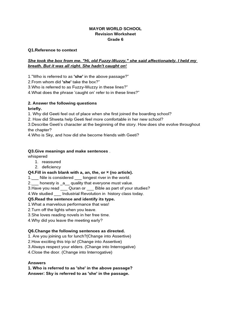 Grade 6 English Revision Worksheet | PDF