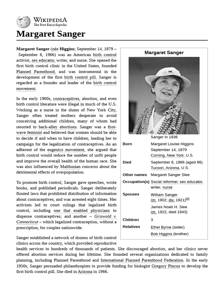 Margaret Sanger: Birth Control Pioneer | PDF | Margaret Sanger | Birth ...