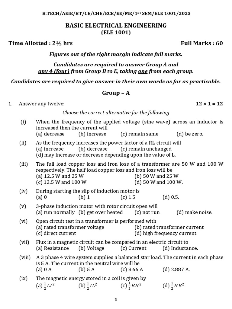 Basic Electrical Engineering - Ele 1001 - 2023 | PDF | Inductance | Transformer