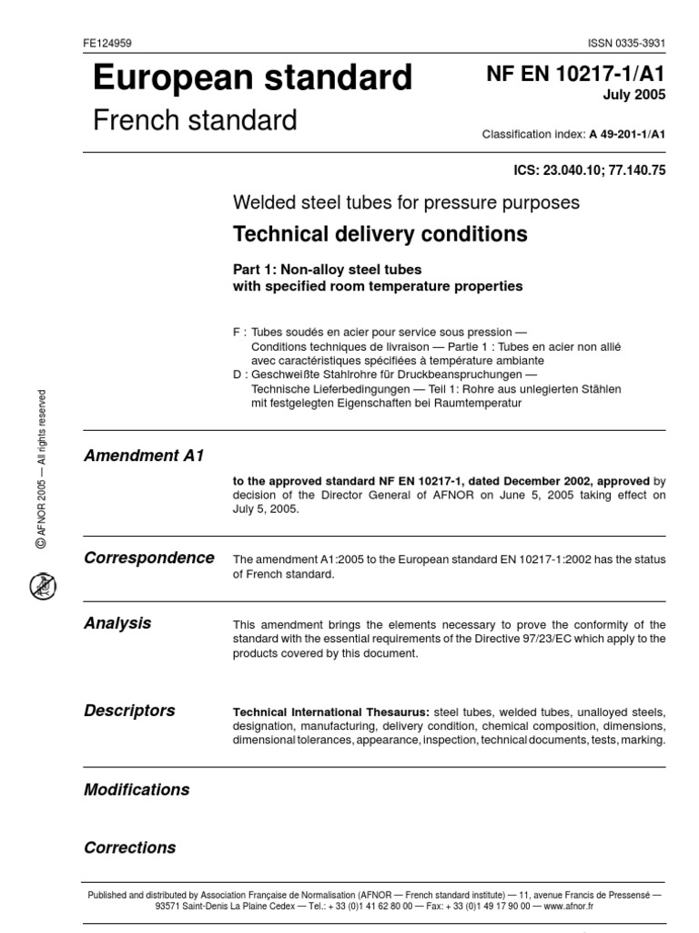 NF en 10217 1 A1 English | PDF | Nondestructive Testing | Science