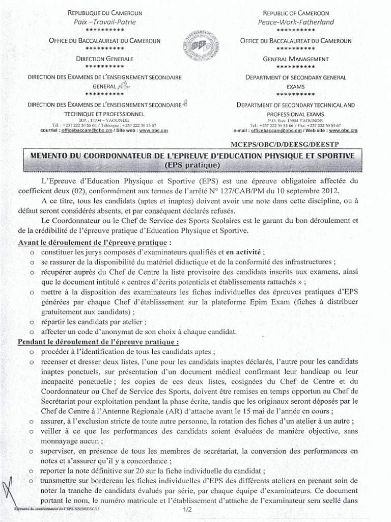 Memento Du Coordonnateur de Lepreuve Deducation Physique Et Sportive ...