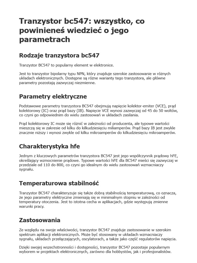 Tranzystor Bc547 - Wszystko, Co Powinieneś Wiedzieć o Jego Parametrach | PDF