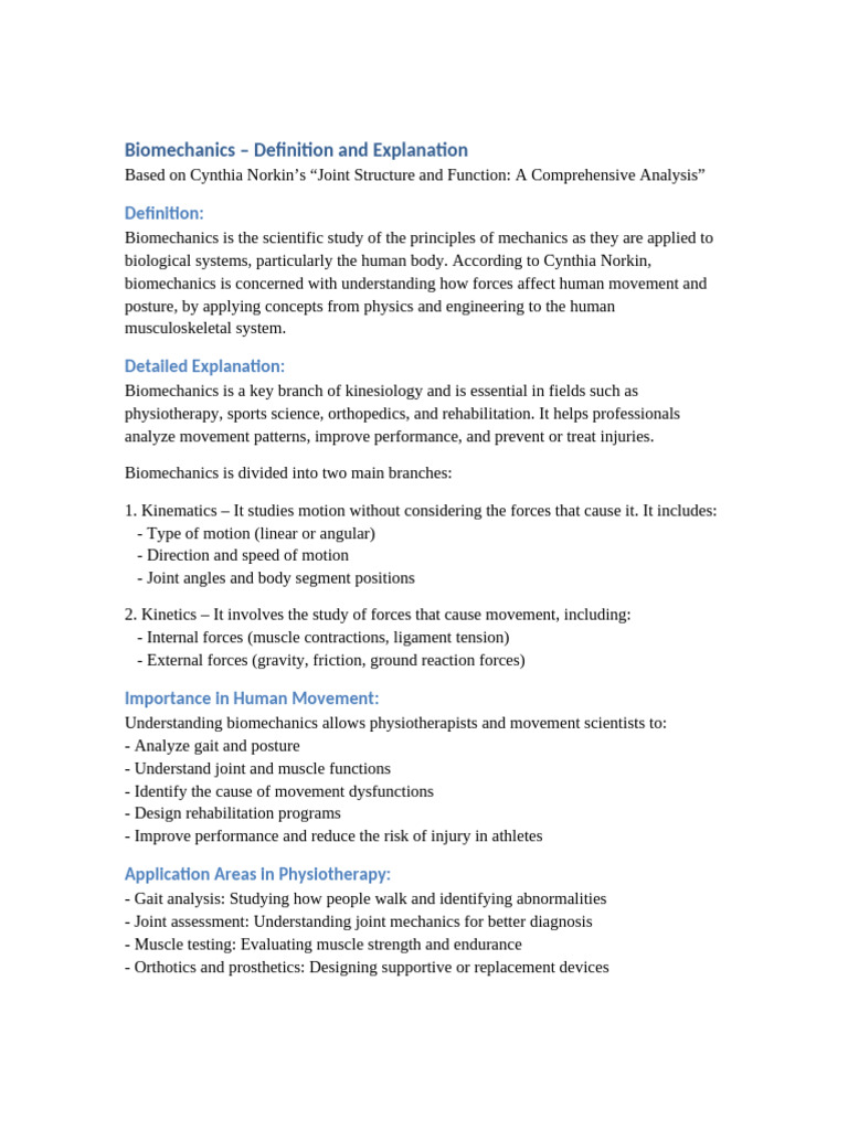 Norkin's Biomechanics Overview for Physiotherapy | PDF