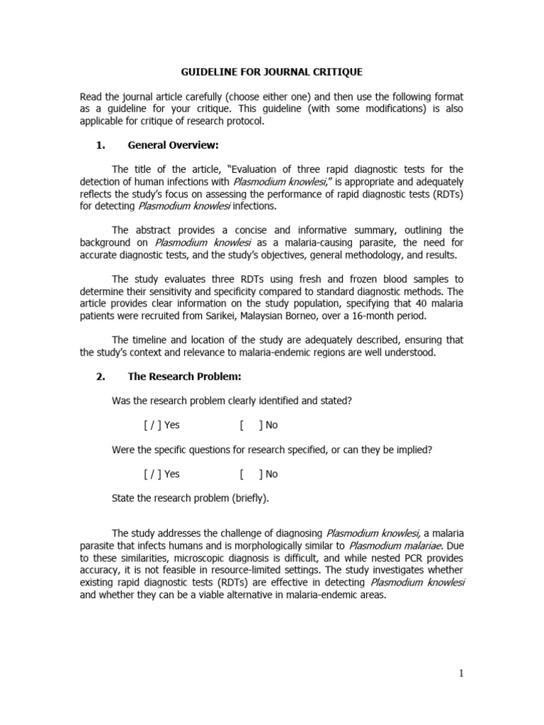 Journal Critique Guidelines for RDTs | PDF | Malaria | Sampling ...